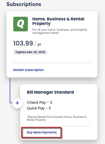 Quicken Bill Manager: How can I purchase additional Quick Pay or Check Pay payments? | Quicken
